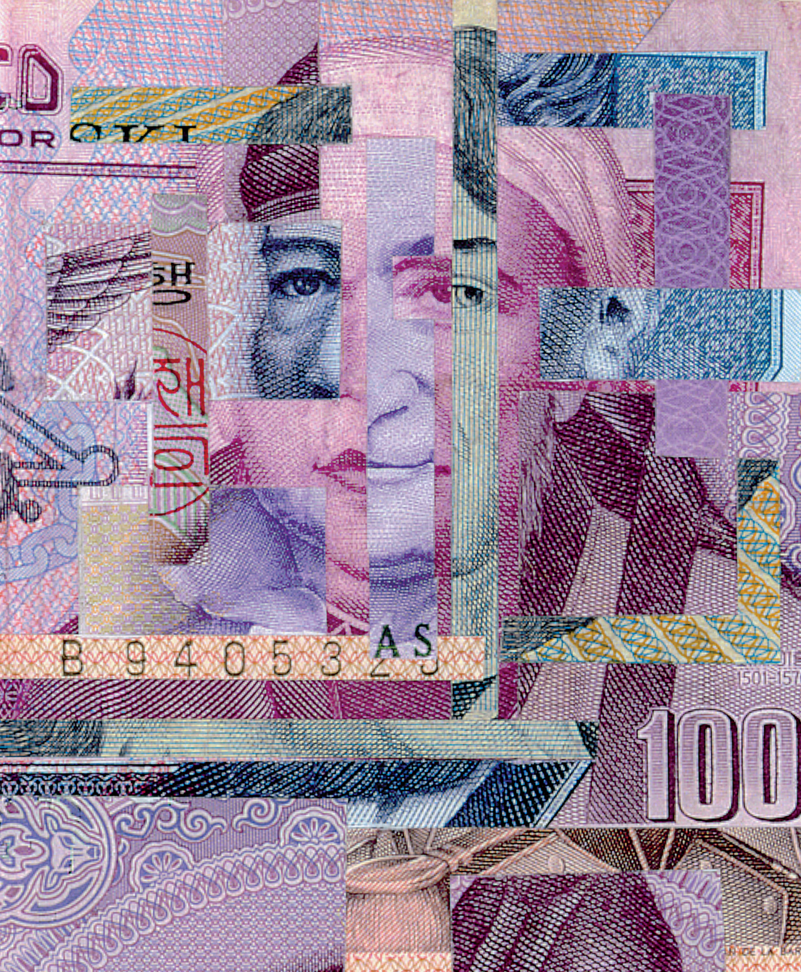 Cubist portrait made of various currencies, to indicate the ...